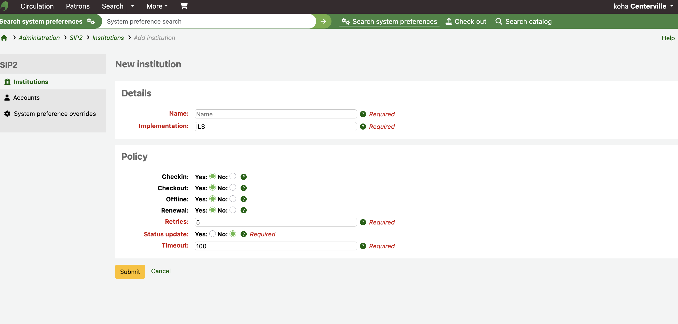 SIP Administration in Koha Staff Interface